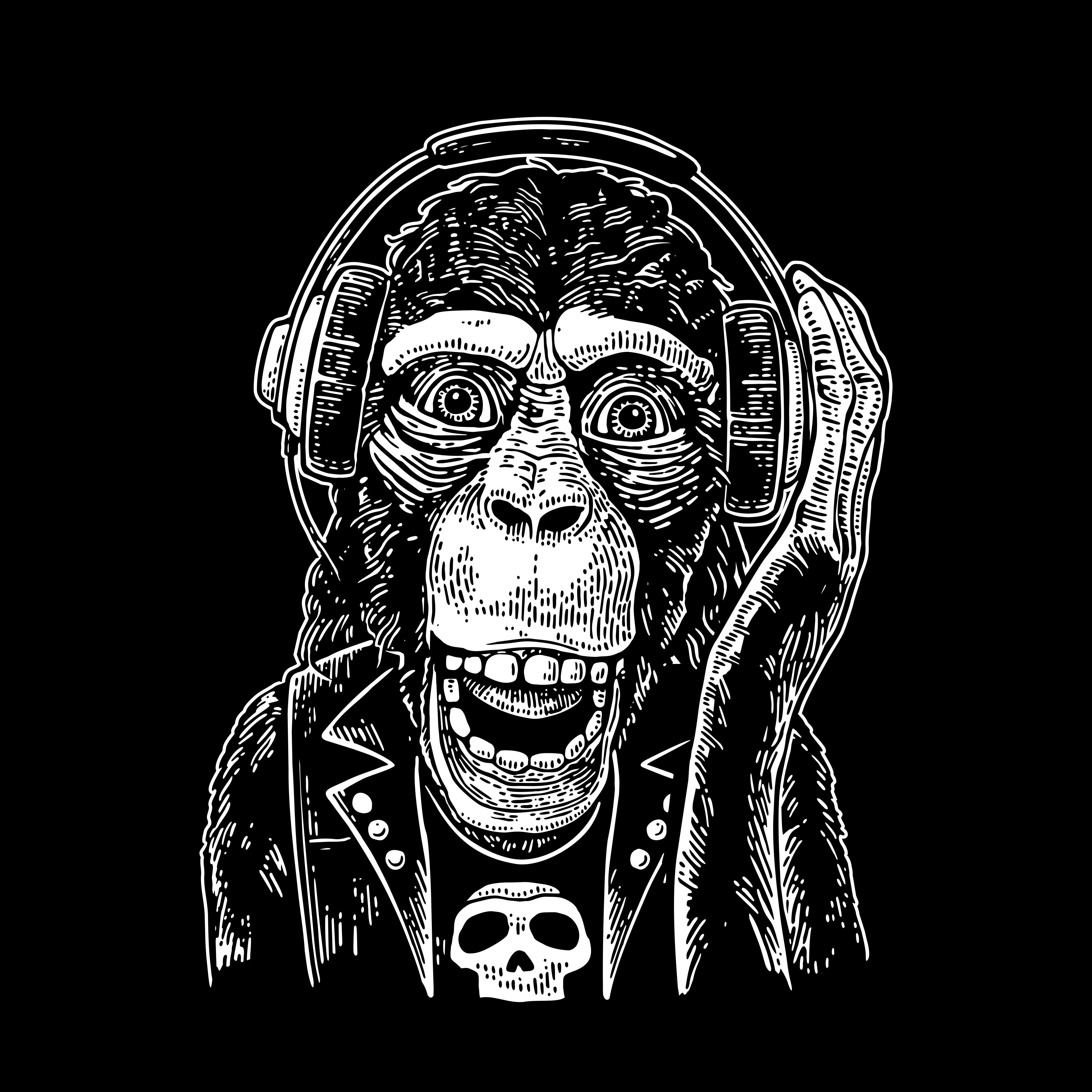 Trinx Kamouri " Monkey Rocker In Headphones And T-Shirt With Skull. Vintage Engraving " by ...